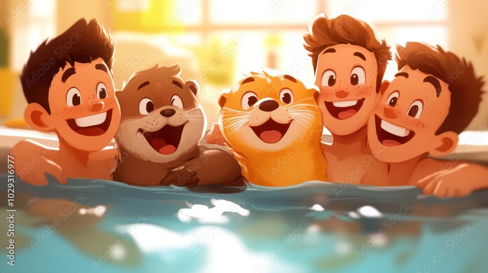Cheerful animated characters and otters having a fun time together in a ...