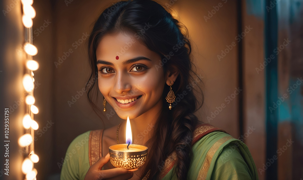 Portrait of a hindi woman holding Diwali oil lamp in traditional indian ...