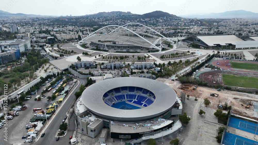 Aerial drone panoramic view of football pitch in iconic Olympic stadium ...