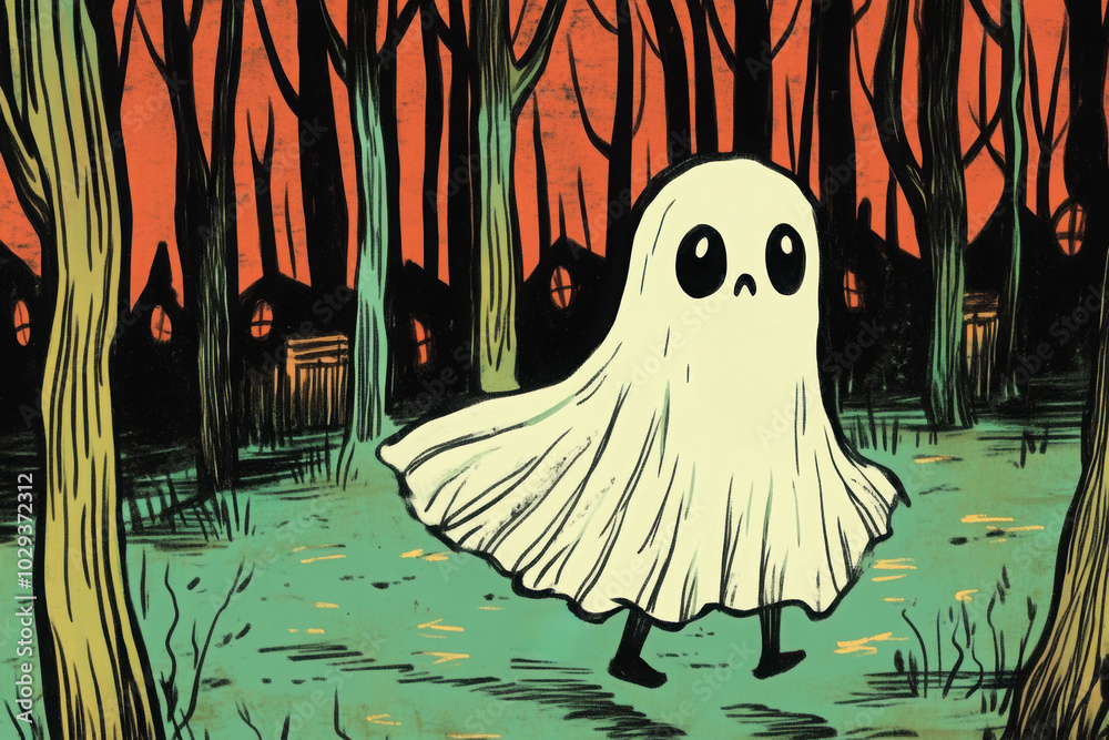 Comic book style illustration of a spooky ghost wandering in a dark ...