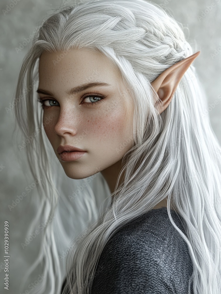 Elf Female Warrior Portrait. Dark Elf with Long White Hair Posing in Fantasy Illustration Stock ...
