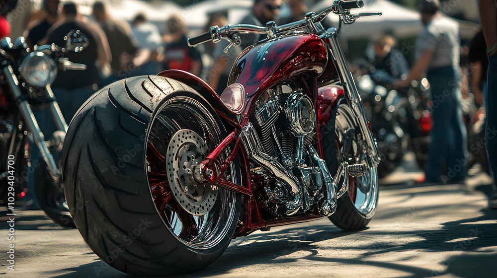A heavily modified chopper with extended forks and custom paint ...