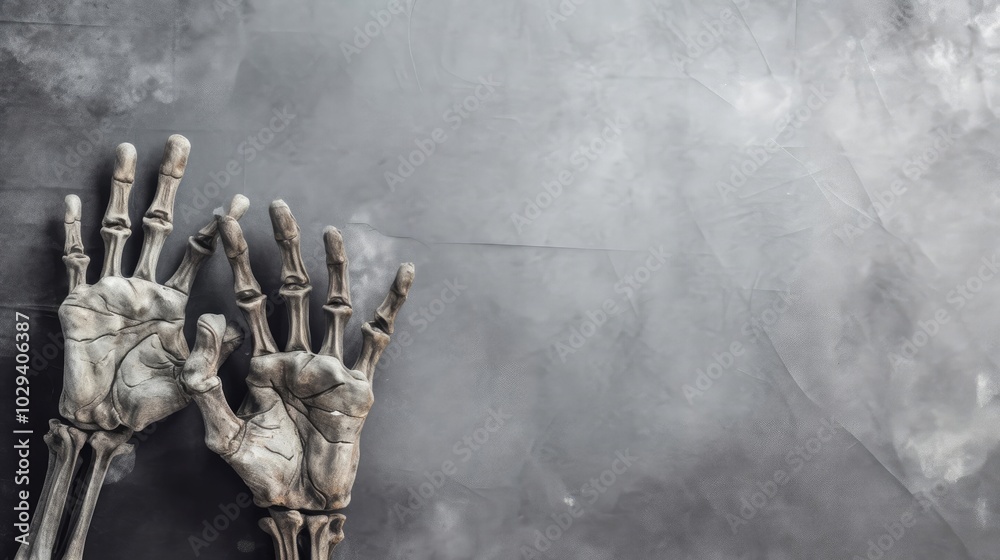 Two skeletal hands reaching out from a solid black background ...