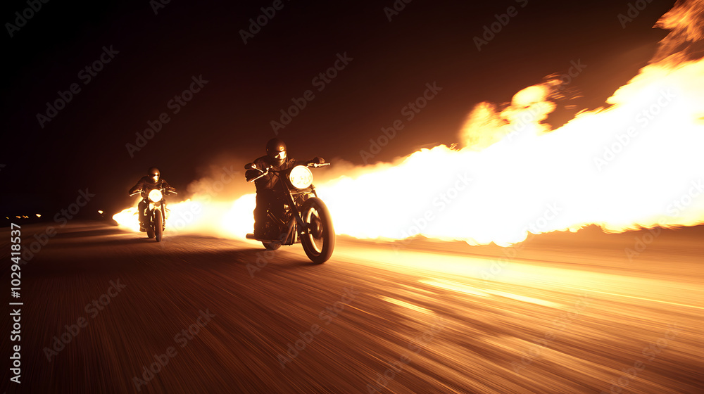A nighttime drag race between two motorcycles on a deserted road with ...