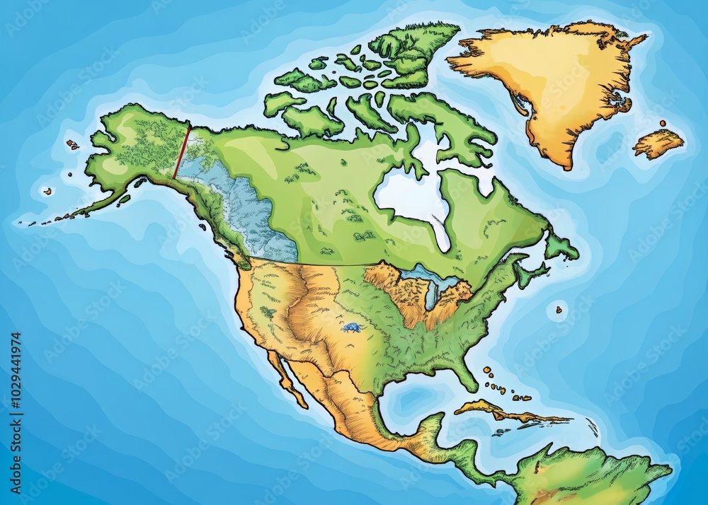 Hand-Drawn Cartoon Style Political Map of North America with Bathymetry ...