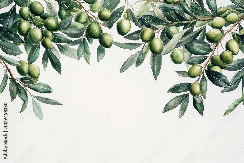 Watercolor olive branches creating a border on parchment background ...