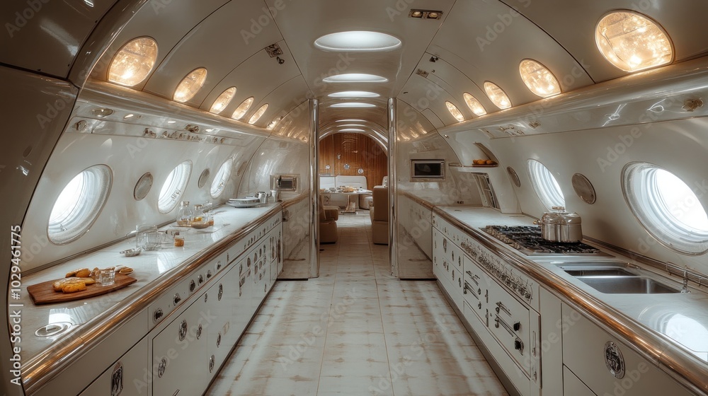 A galley kitchen inside a private jet with white cabinets, a stainless ...