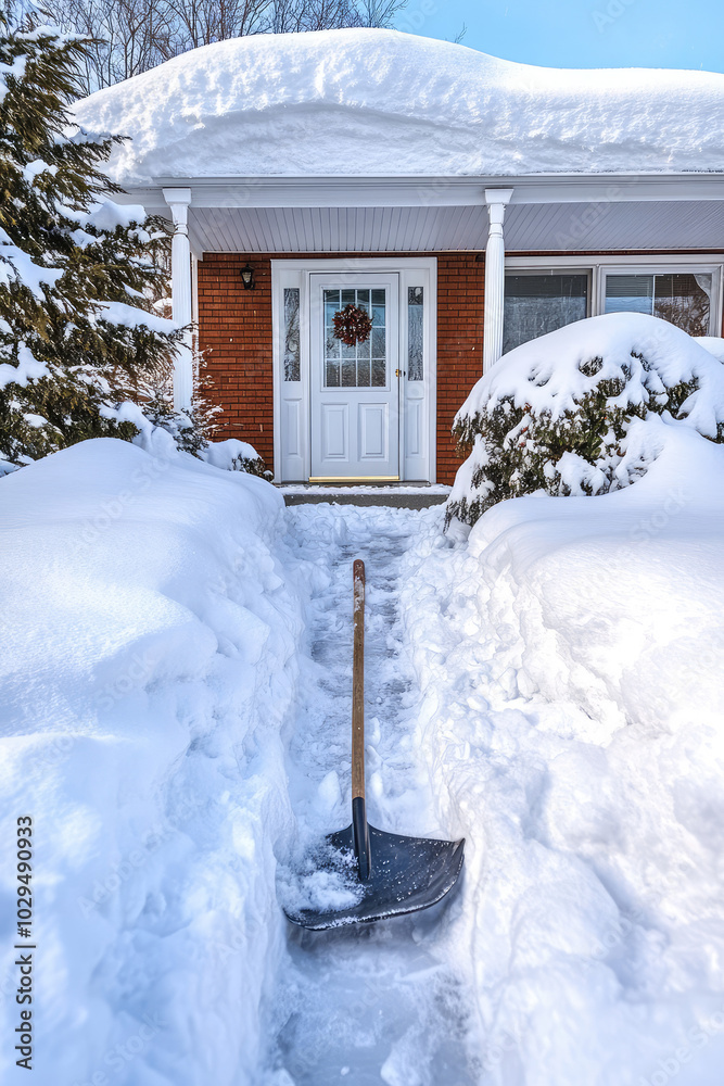 Snow covered front door porch with a shovel, winter cold weather ...