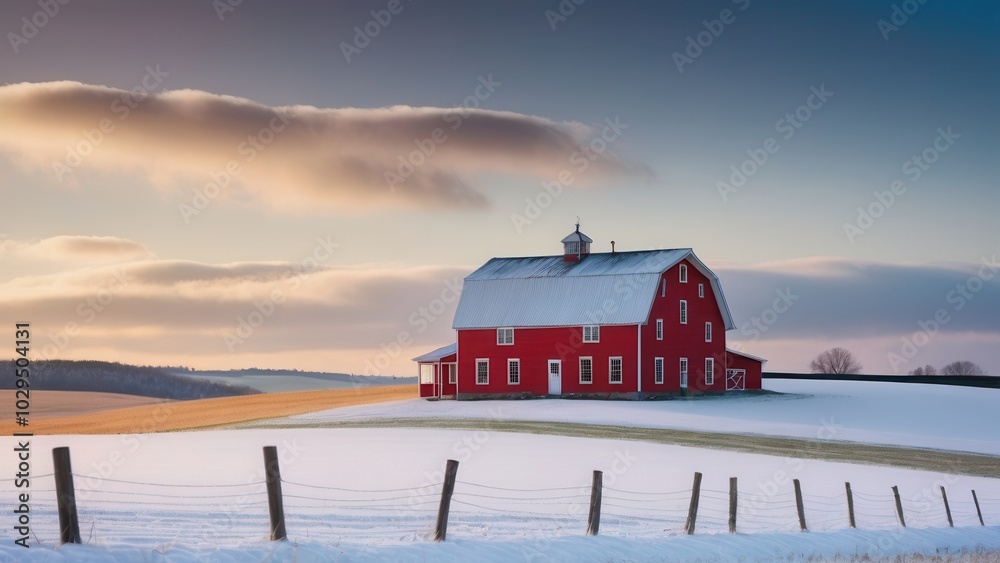 This rural winter landscape captures a bright red barn nestled in the ...