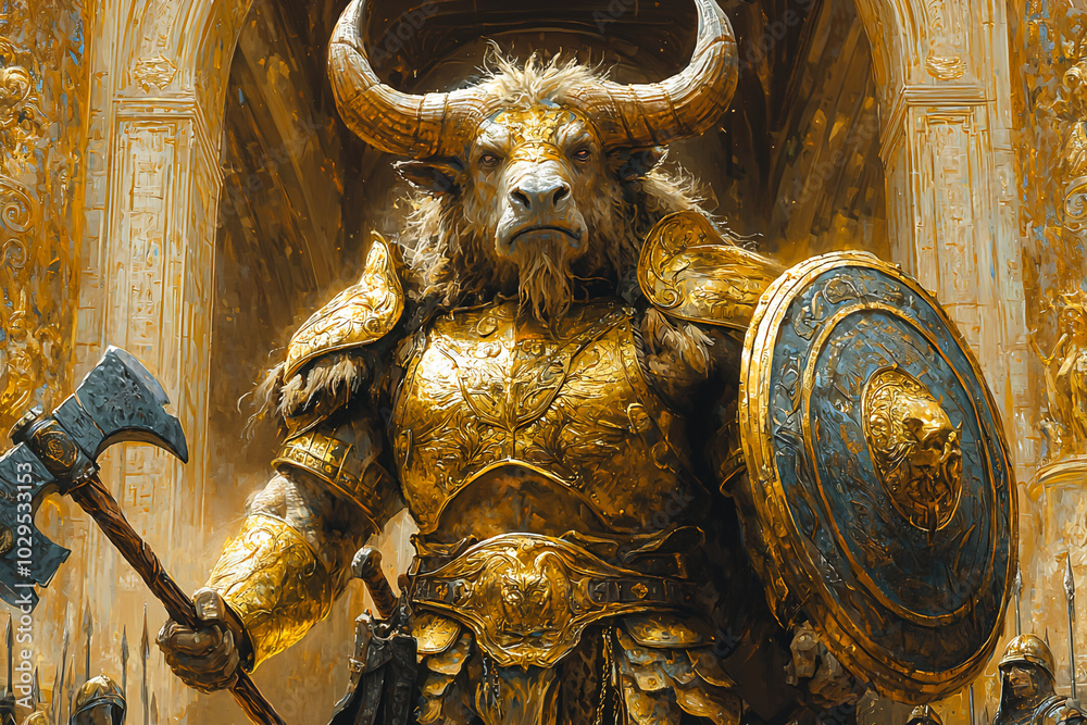 Majestic minotaur in golden armor holding a shield in an ancient grand ...