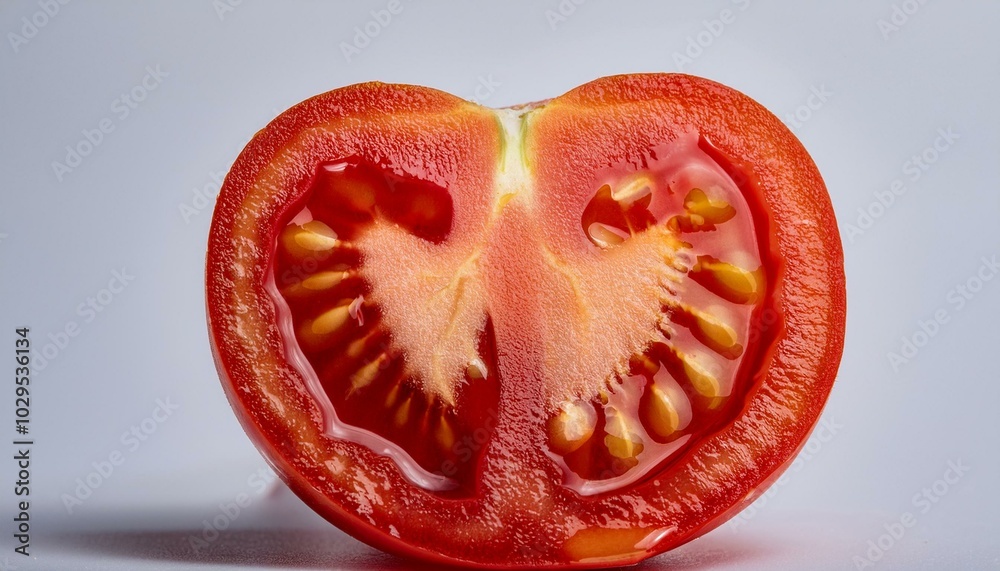 Half-cut tomato showing the juicy interior and seeds, placed flat on a ...