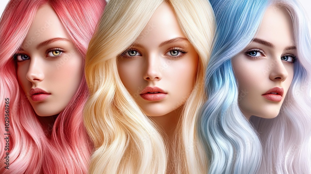 Three women with different hair colours. Hair is long and wavy, dyed in ...
