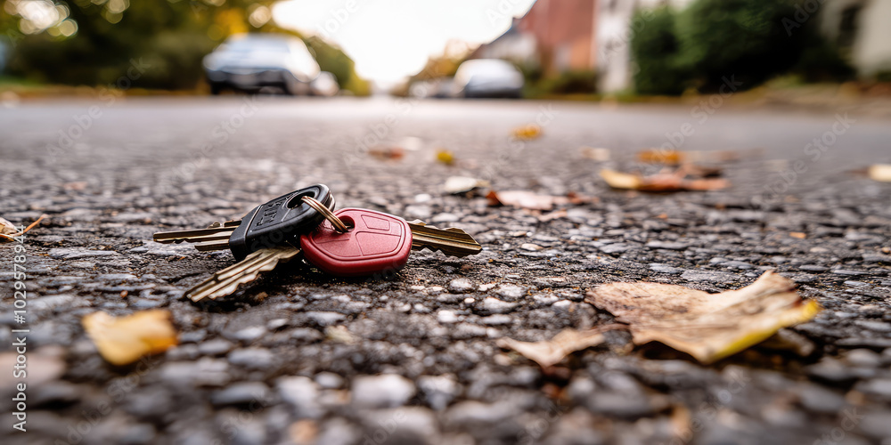 Сloseup of car keys Dropped on the ground. Lost Keys on the asphalt ...