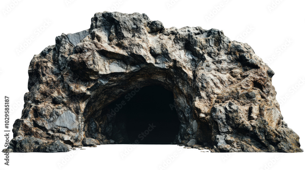 A rugged cave entrance formed in rocky terrain, depicting adventure and ...
