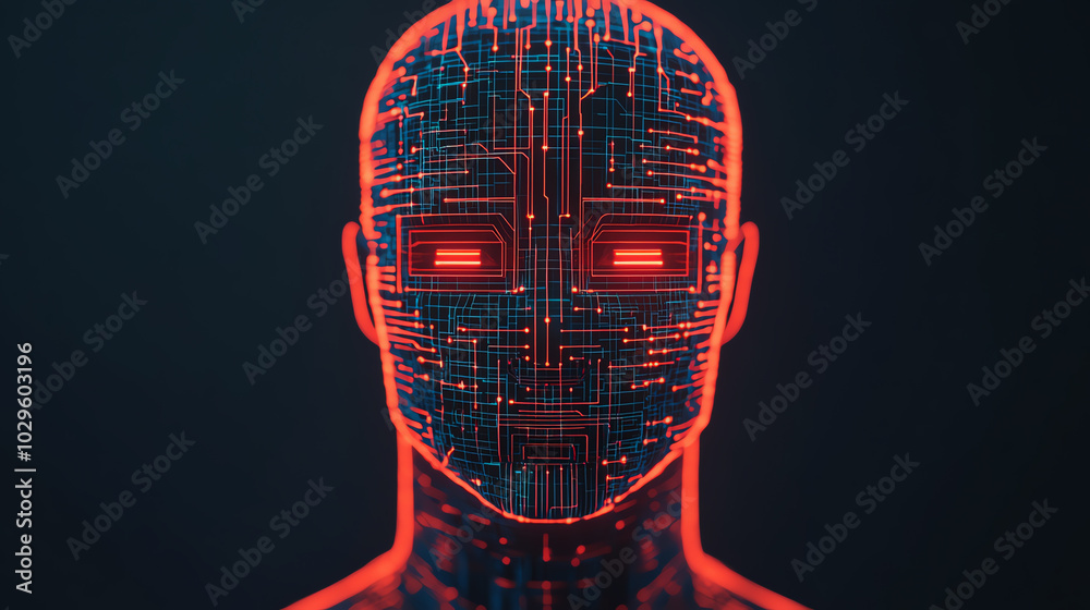 Futuristic robot face design illuminated with red lines and digital ...