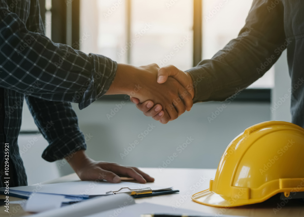 Construction team shaking hands to kick off a new project contract at the construction site ...