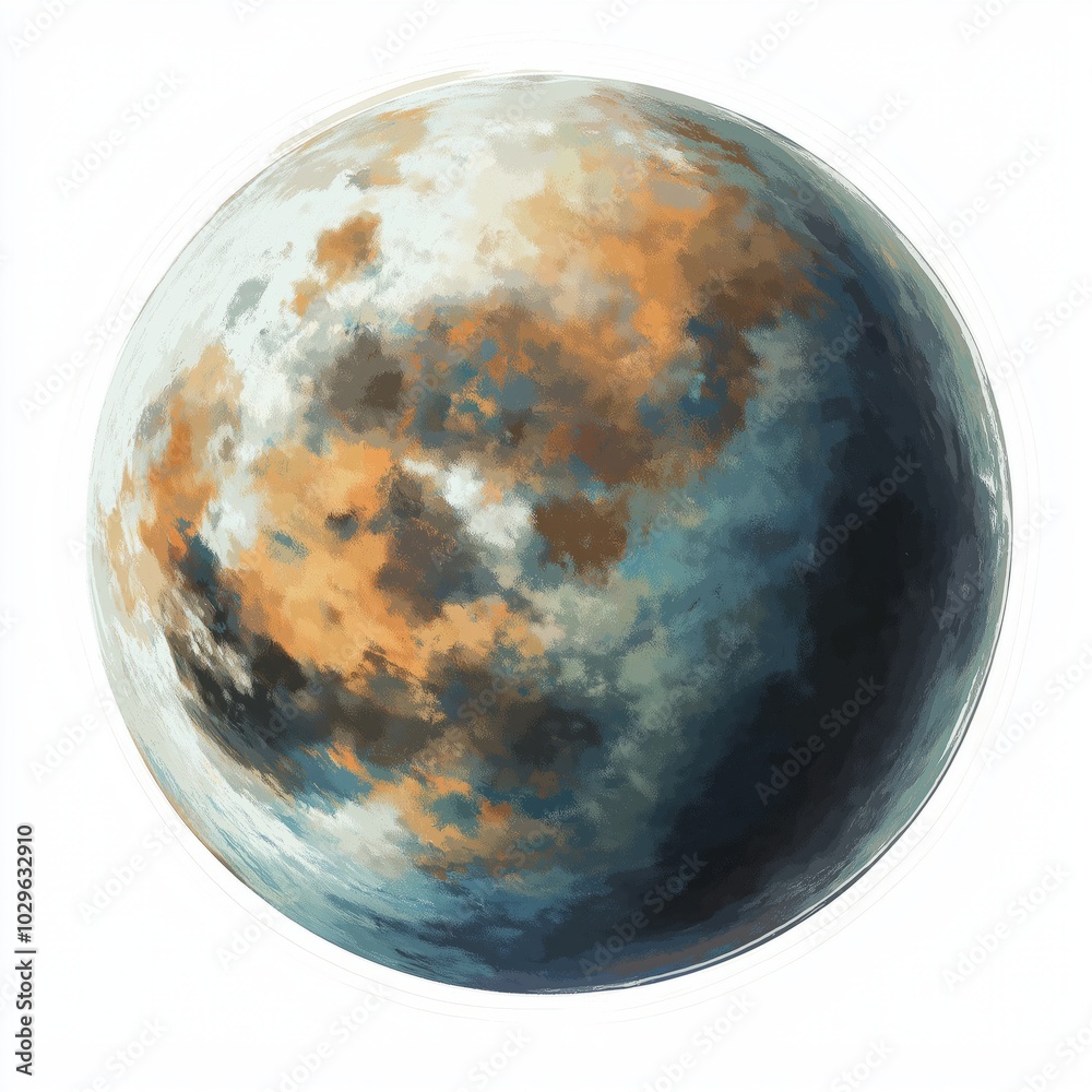 vintage retro 2D illustration of a land planet, bright colors of gray ...