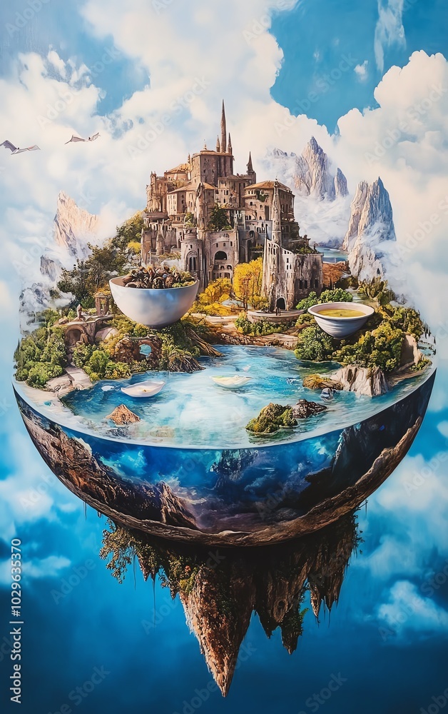 Fantasy floating island with castle Stock Illustration | Adobe Stock