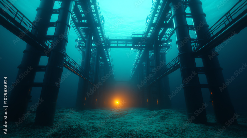 Underwater view of industrial structures with beams and columns ...