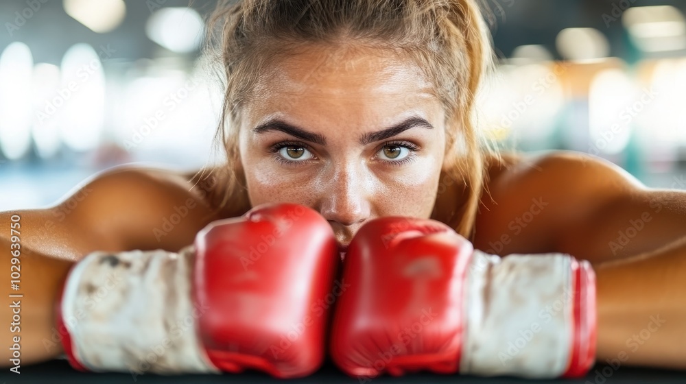 A fierce female boxer in a gym intently focuses from behind red gloves ...