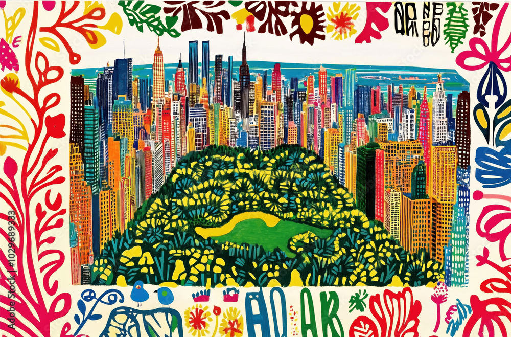 Cartoon drawing doodle map of Manhattan, New York City, NYC, top-down ...