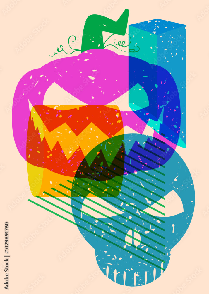 Risograph Jack O' Lantern and Skull with geometric shapes. Halloween ...