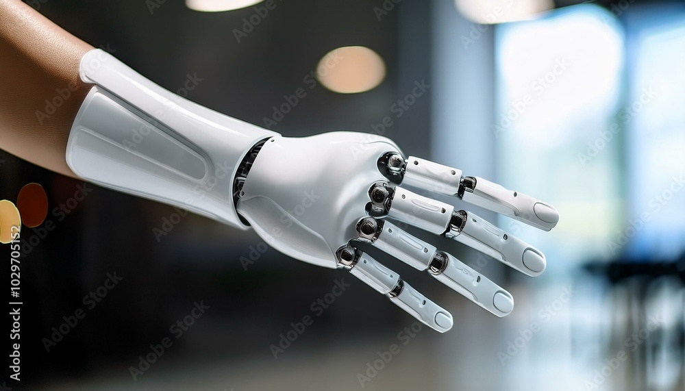 A detailed view of prosthetic arm in action, designed for full mobility ...
