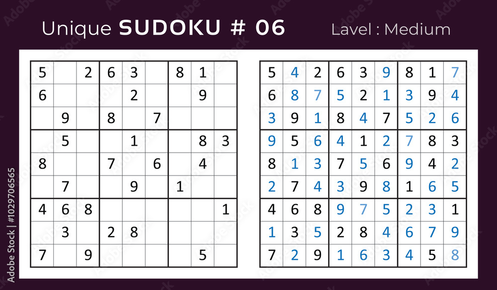 Vector design of sudoku puzzle game with answer. Mid level sudoku mathematical logic game for ...