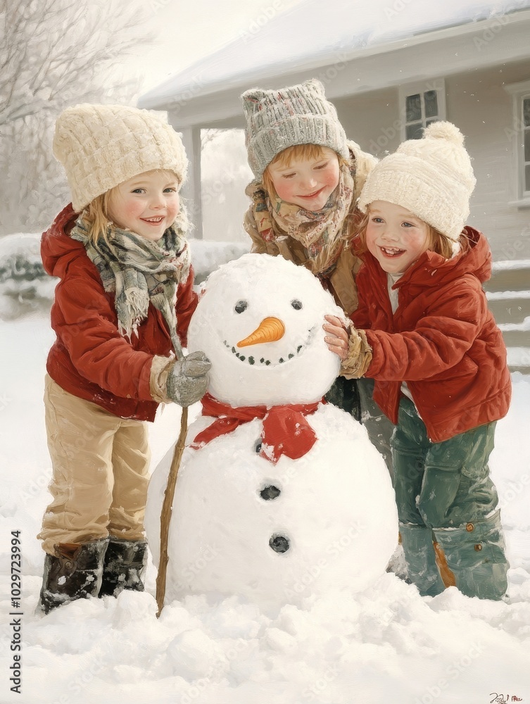 Three children, dressed in winter attire, stand in front of a snowman ...
