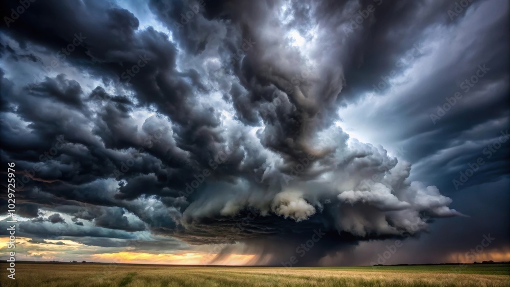 Dramatic dark storm clouds in a black sky with rainny atmosphere ...