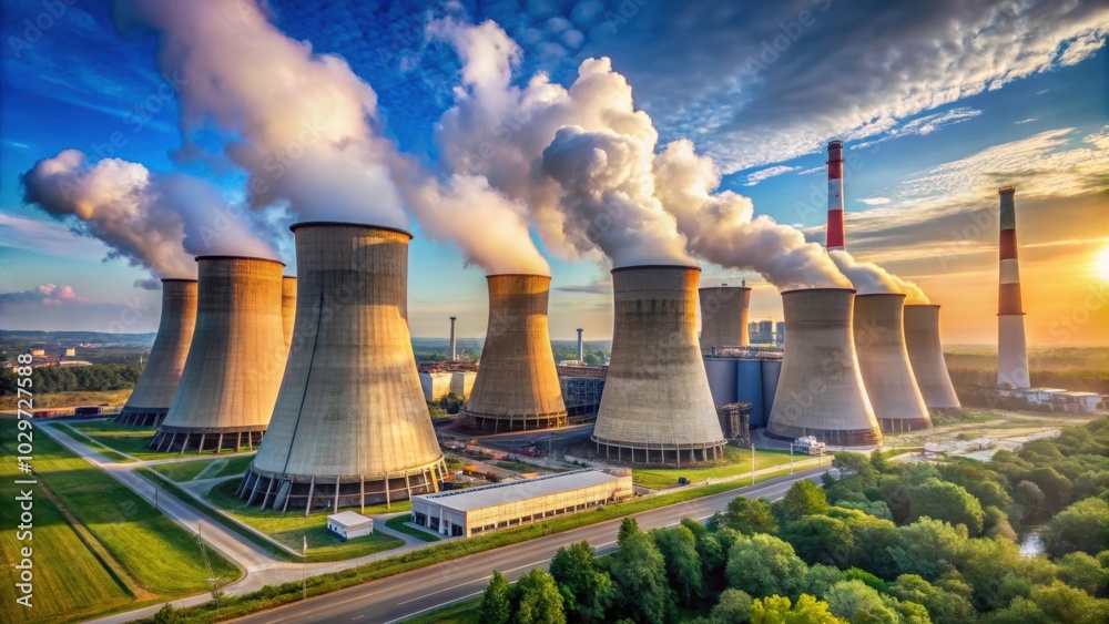 Thermal power station with cooling towers emitting steam, energy ...