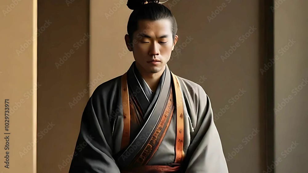 Meditative Samurai in Traditional Attire: Peace and Focus with Ample ...