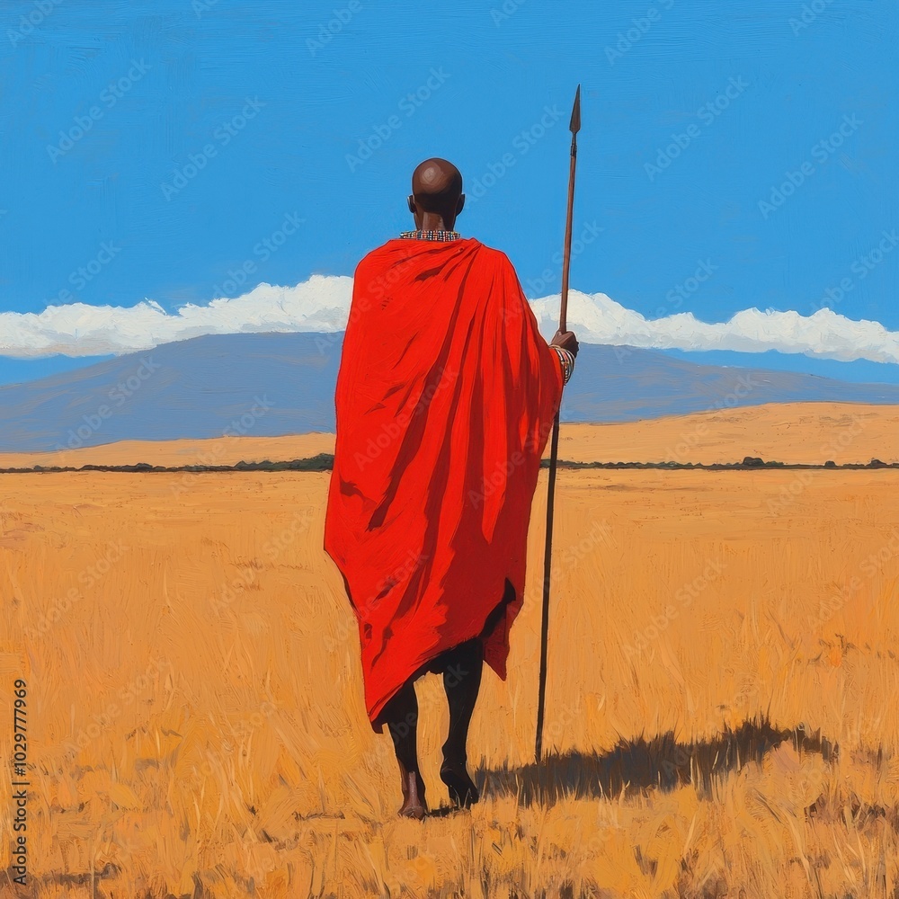 Masai warrior in traditional attire, standing in a vast savannah ...