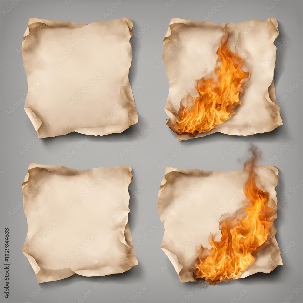 Four old parchment papers in different stages of burning, showing ...