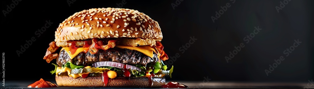 Double-decker burger with melted cheddar and onion rings, dramatic ...