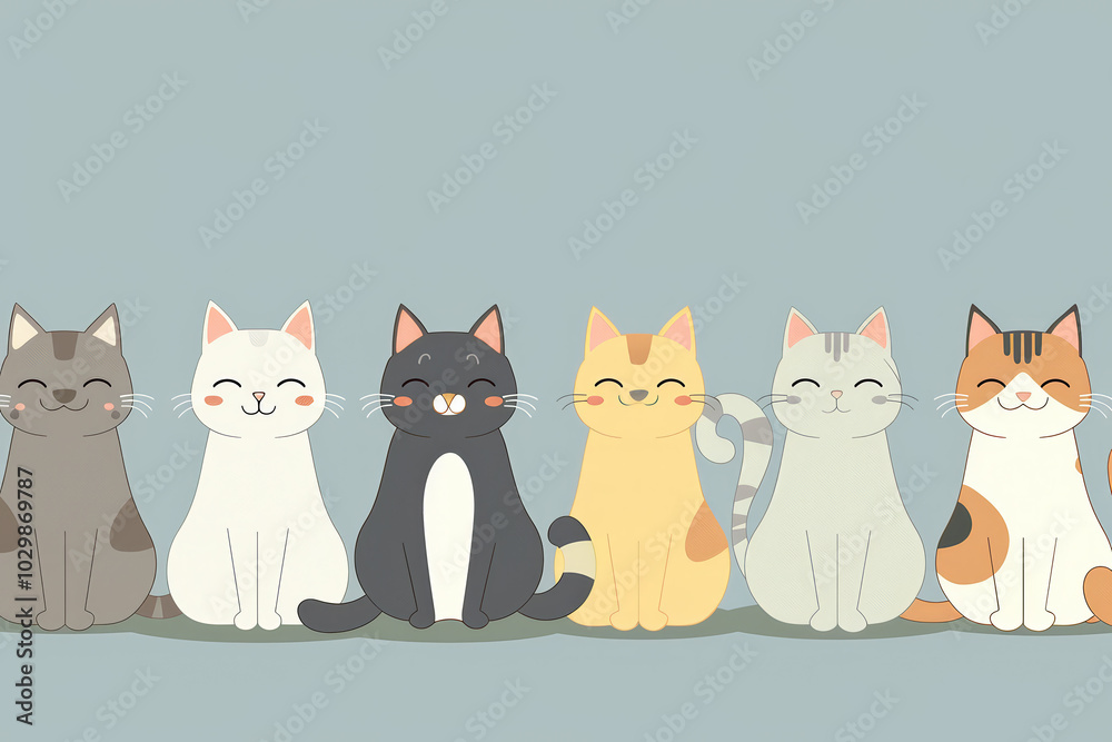 Seven adorable cartoon cats sit side by side, each displaying a unique ...