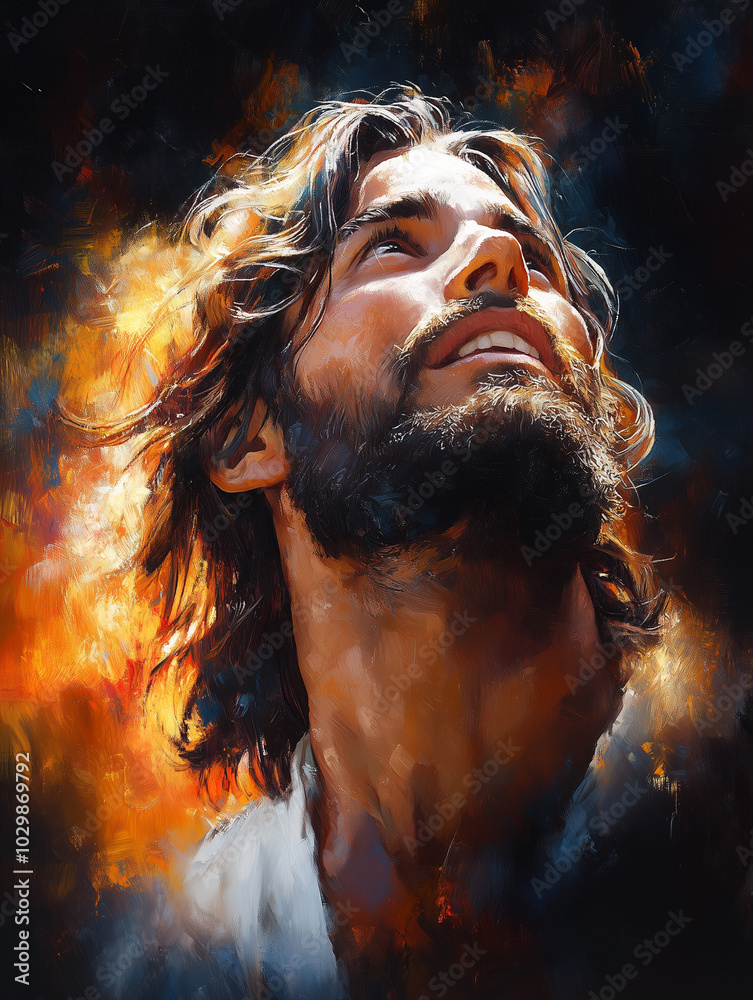 Painting of Jesus Looking Up at His Father Stock Illustration | Adobe Stock