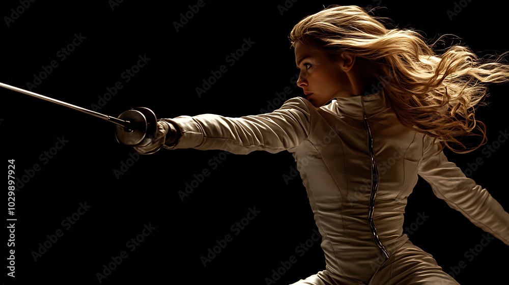 Female fencer in a dynamic lunge, sword thrusting forward, body leaning ...