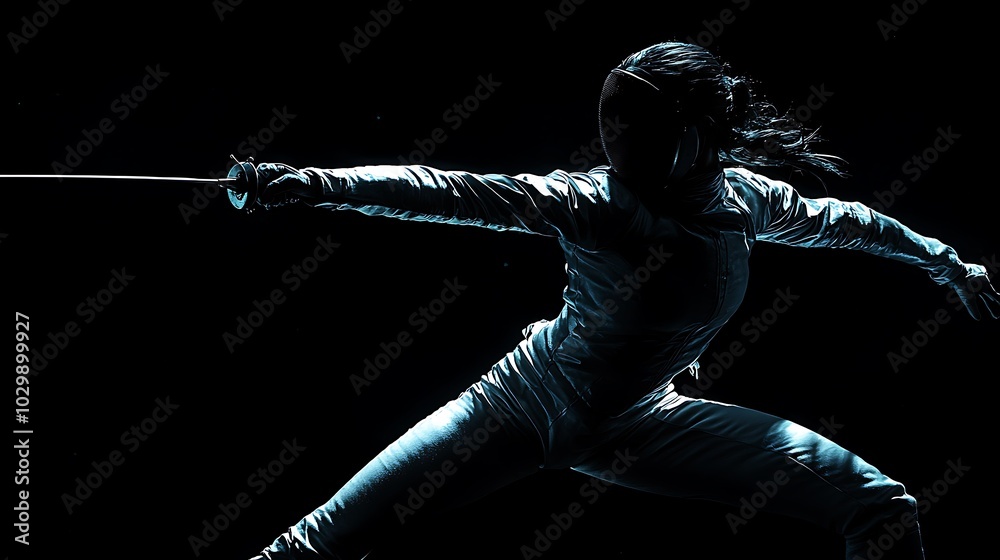 Full-body shot of a female fencer mid-lunge, sword arm stretched out ...