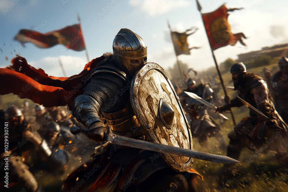 Medieval Warrior in Armor, Shield and Sword in Battle Scene, Epic Fight ...