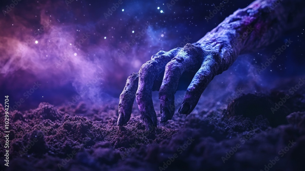 Zombie fingers piercing through loose soil under a starry night sky ...