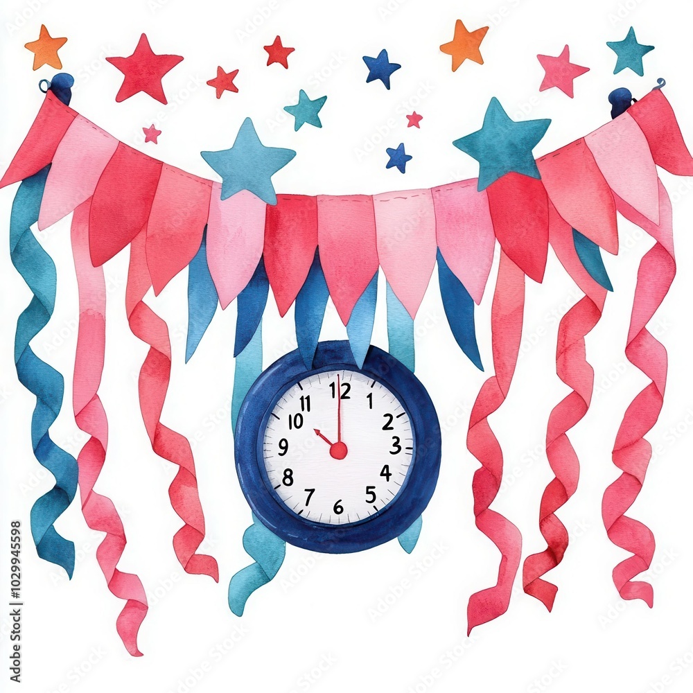 Watercolor illustration of a countdown timer with festive stars and ...