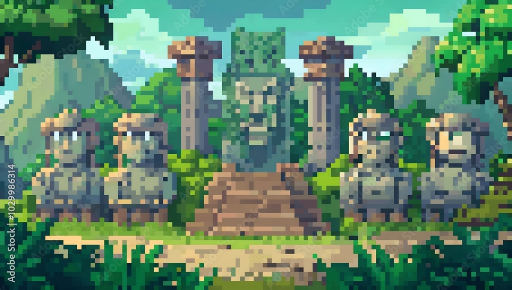 Stone monument of giant faces in jungle during daytime pixel art ...