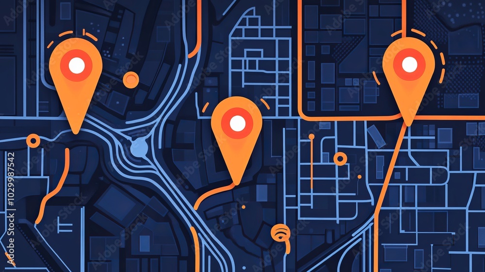 Abstract navigation plan with directional signs and markers on a city ...