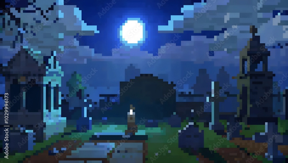 Old graveyard under full moon at night pixel art background. 8-bit game ...