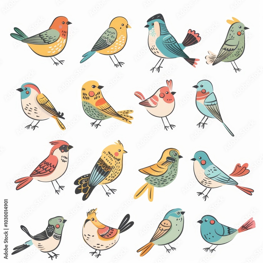 Bird doodle icon set, sparrow symbols, bird sign collection, sketched ...