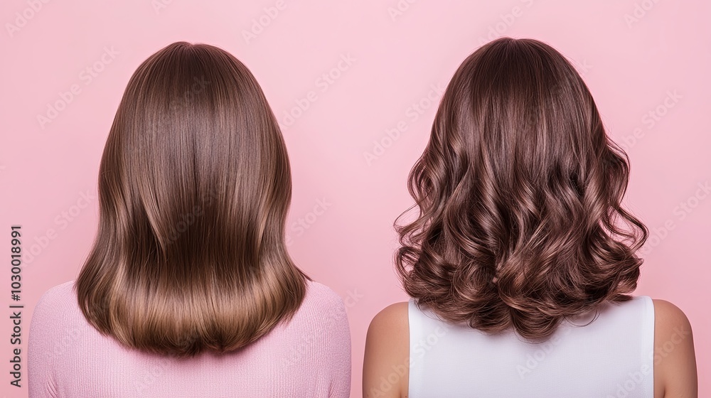Image of a woman with straight hair before curling and after curling ...