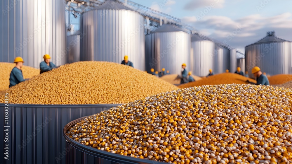 Grain Processing Facility with Silo Monitoring Workers Overseeing Crop ...