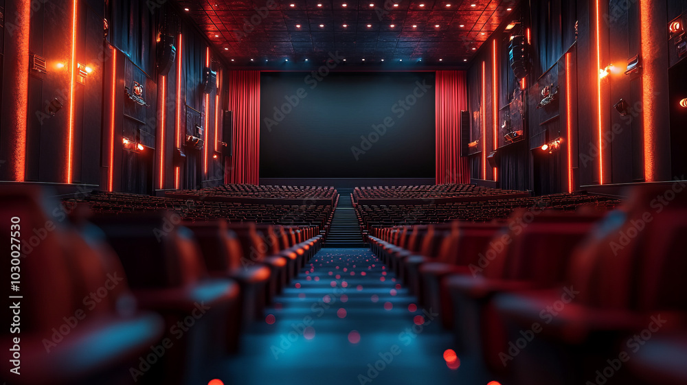 A luxurious theater auditorium viewed from behind with seats at a ...