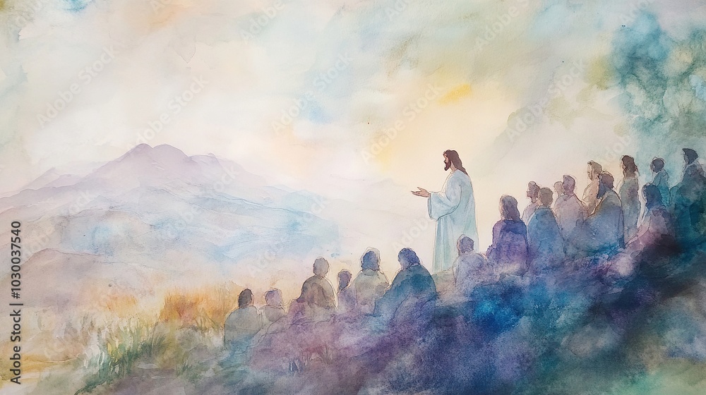 A watercolor scene of the Sermon on the Mount, with soft pastel colors ...